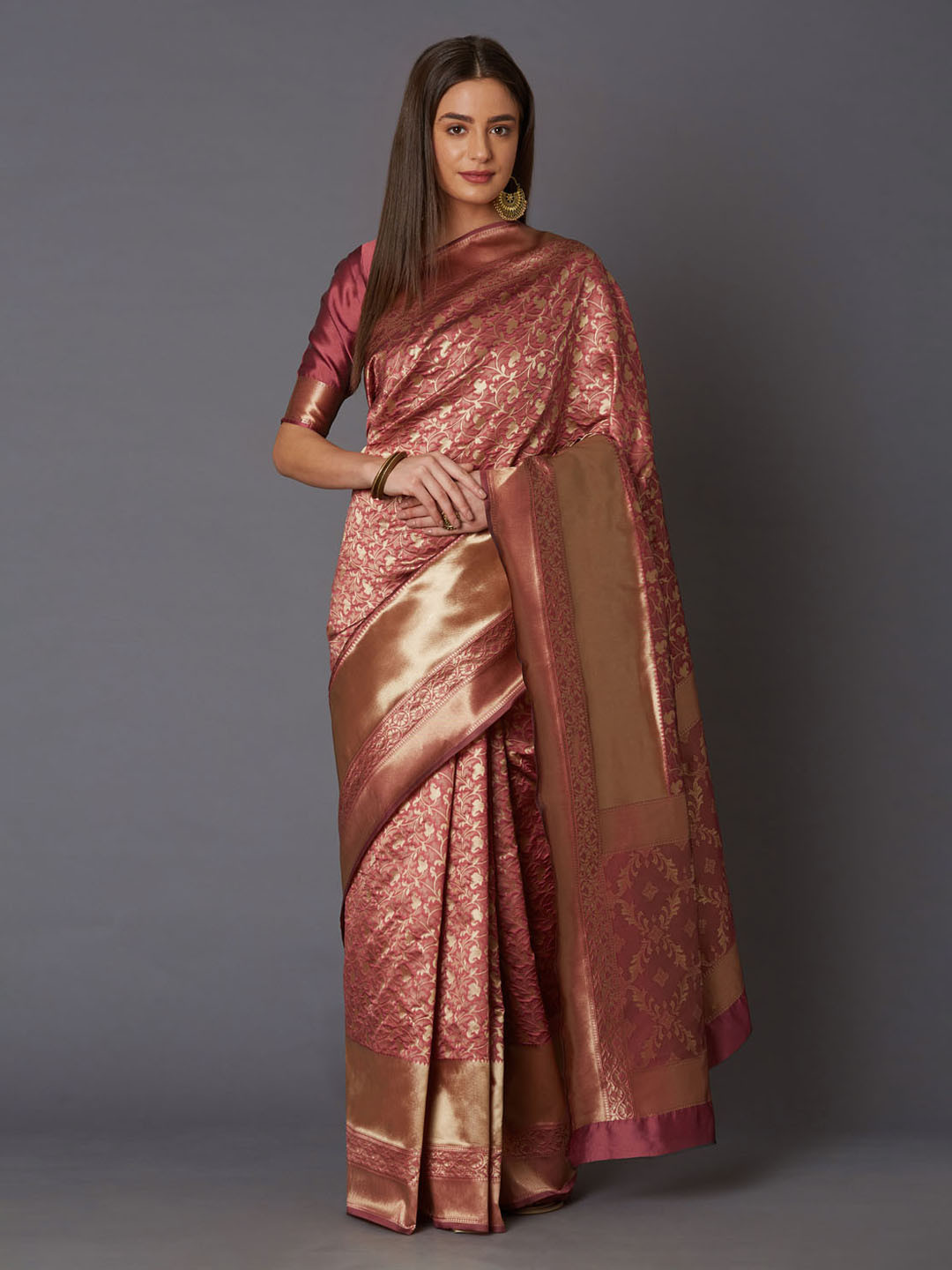Buy Mitera Pink & Gold Coloured Silk Blend Woven Design Banarasi Saree ...