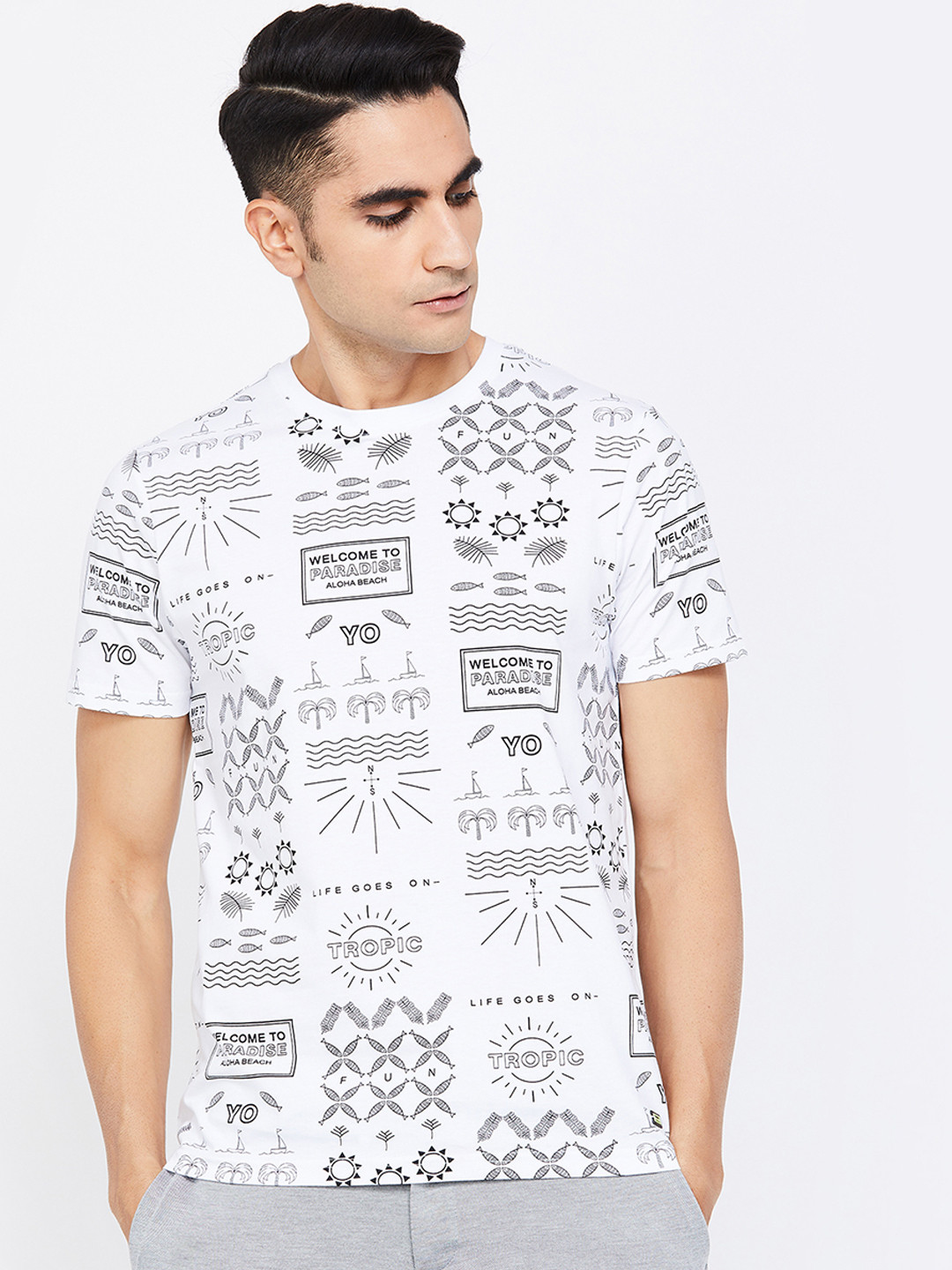 Buy Bossini Men White & Black Printed Round Neck T Shirt - Tshirts for ...
