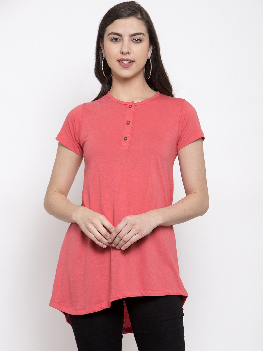 Buy Kalt Women Peach Coloured Solid Henley Neck Tunic - Tunics for ...