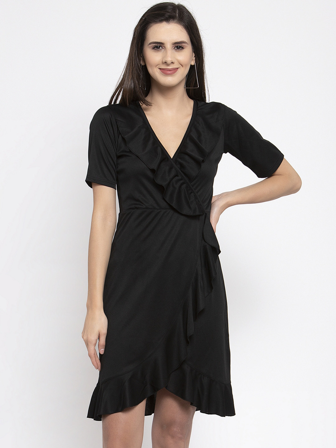 Buy Karmic Vision Women Black Solid Wrap Dress - Dresses for Women ...