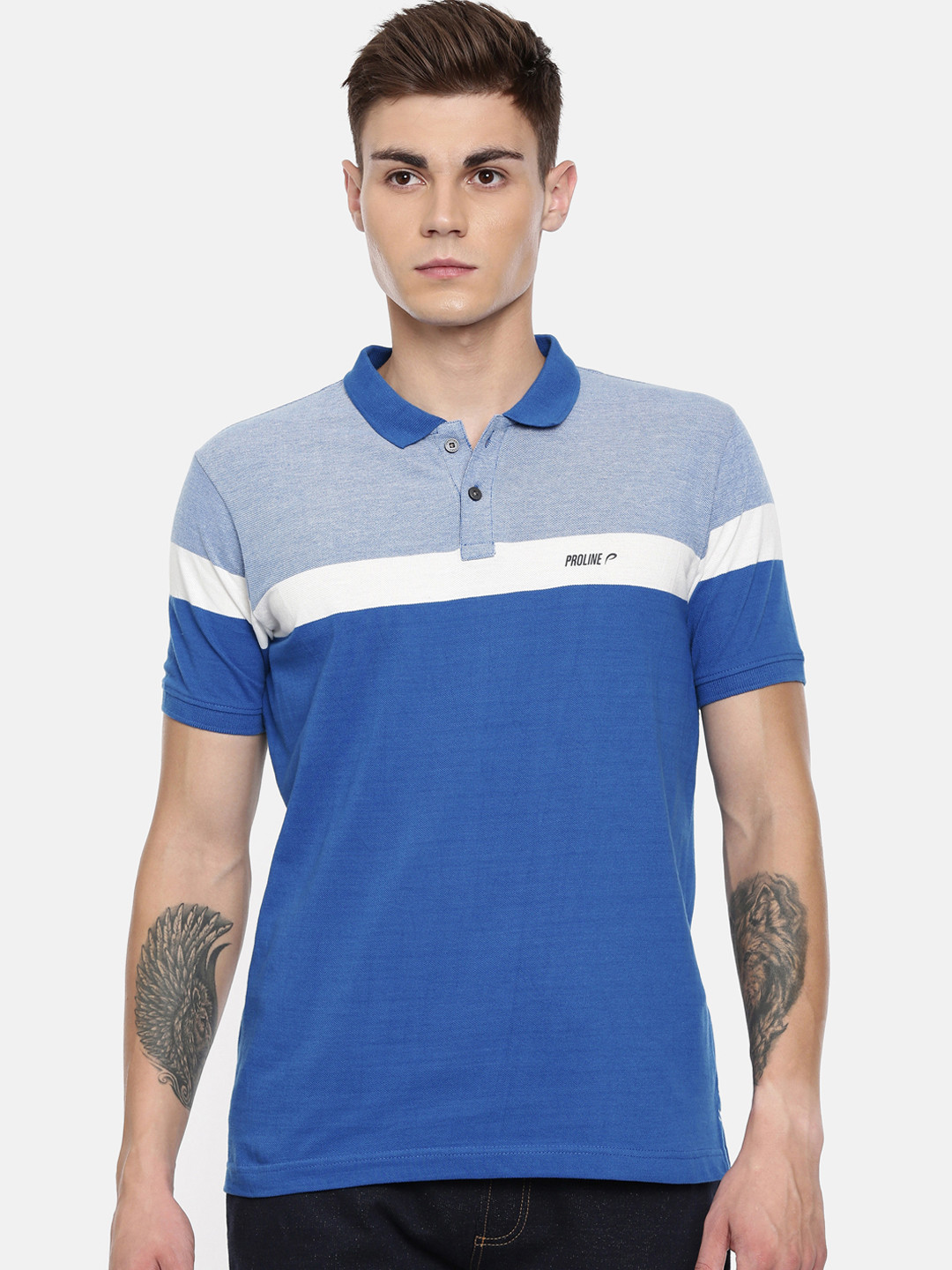 Buy Proline Active Men Blue White Colourblocked Polo Collar Pure Cotton ...