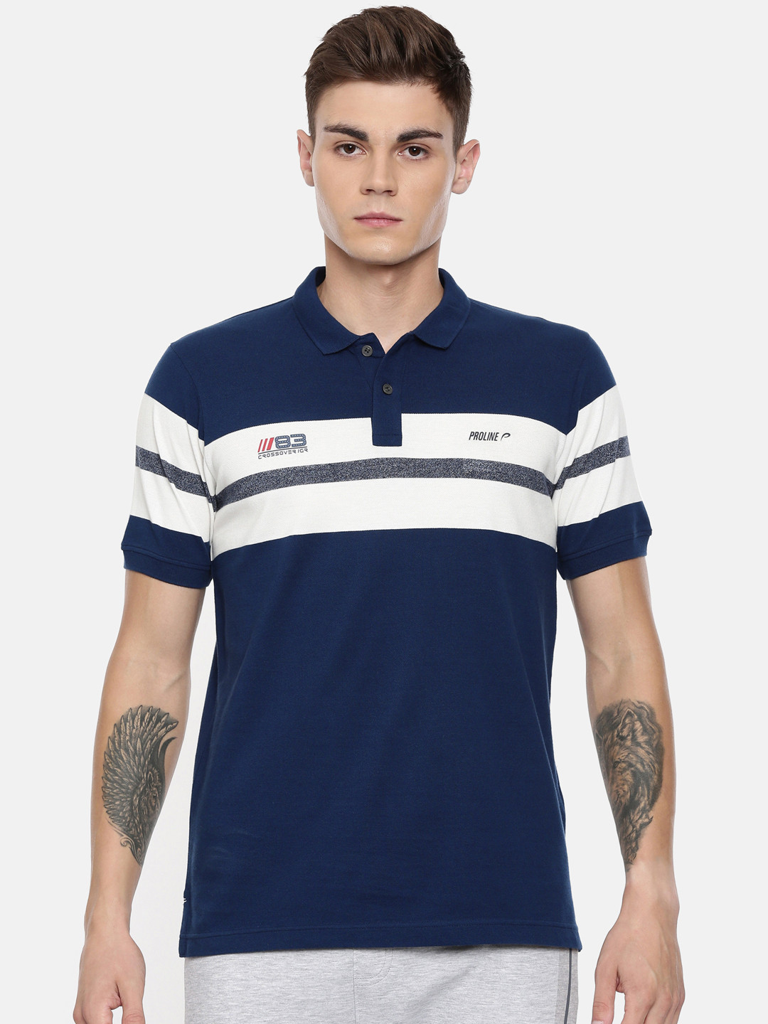 Buy Proline Active Men Navy Blue Striped Polo Collar Pure Cotton T ...