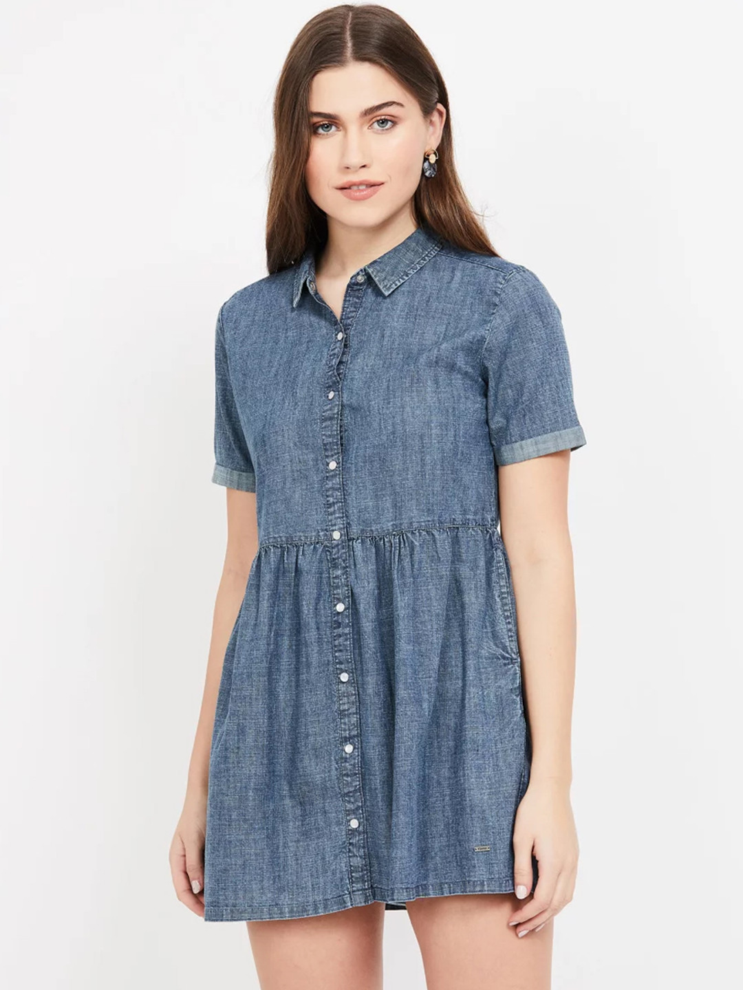 Buy Xpose Women Blue Solid Denim Shirt Dress - Dresses for Women ...