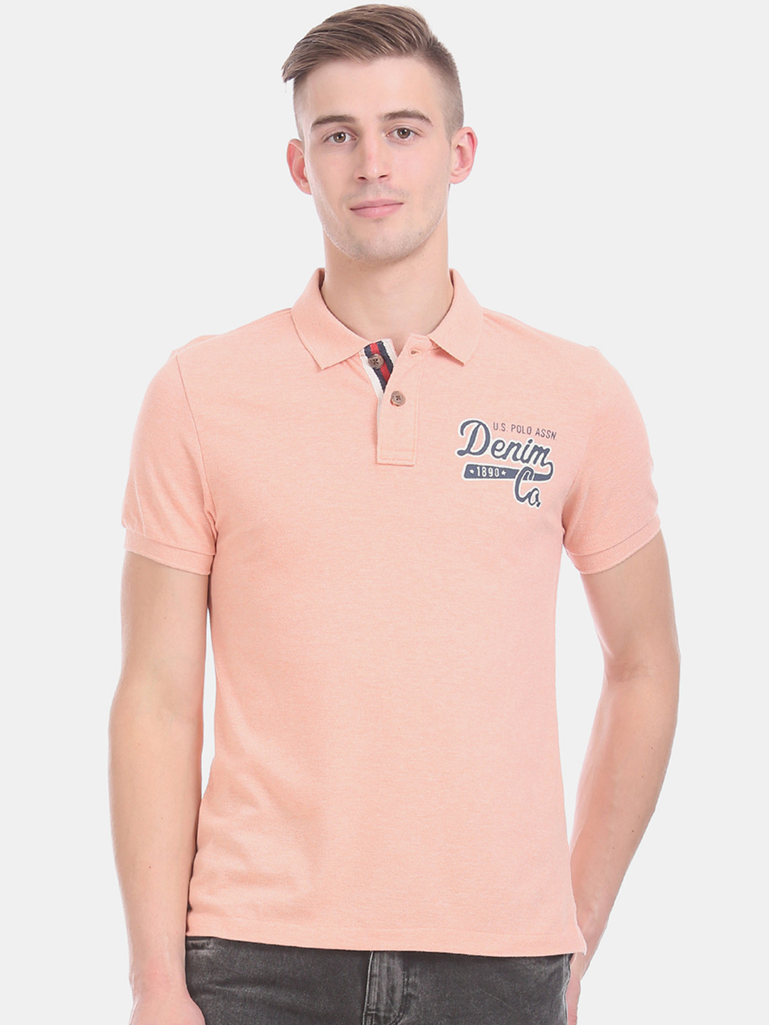 Buy U.S. Polo Assn. Denim Co. Men Peach Coloured Solid Polo Collar T ...