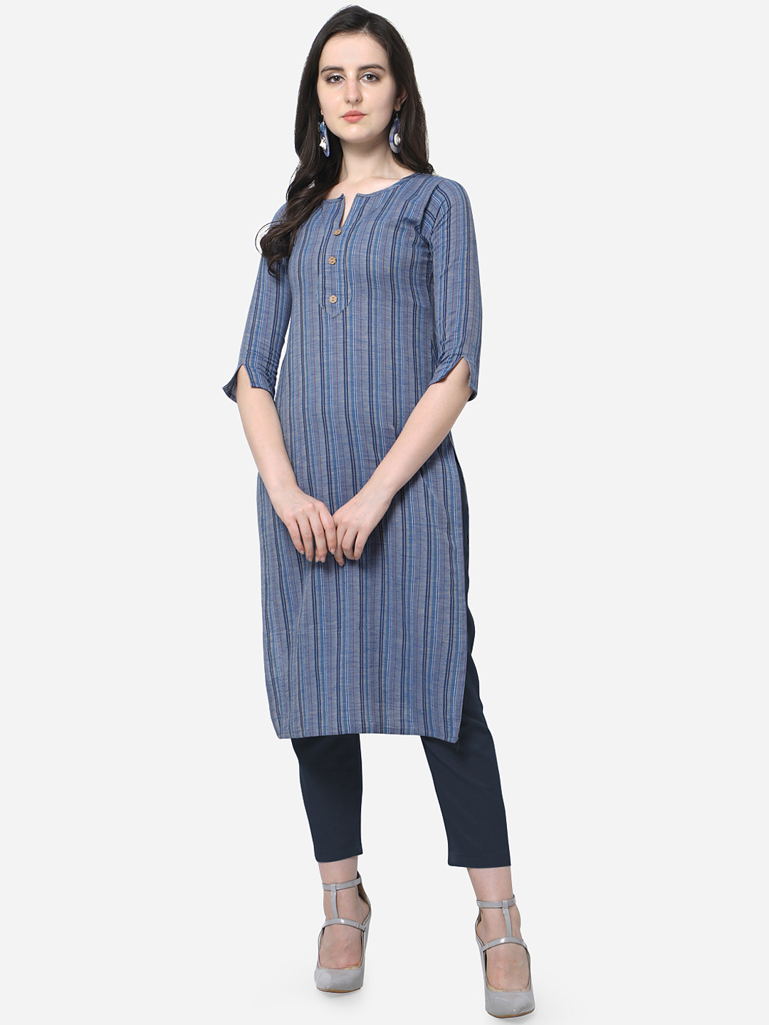 Buy Kvsfab Women Blue Striped Straight Kurta - Kurtas for Women ...