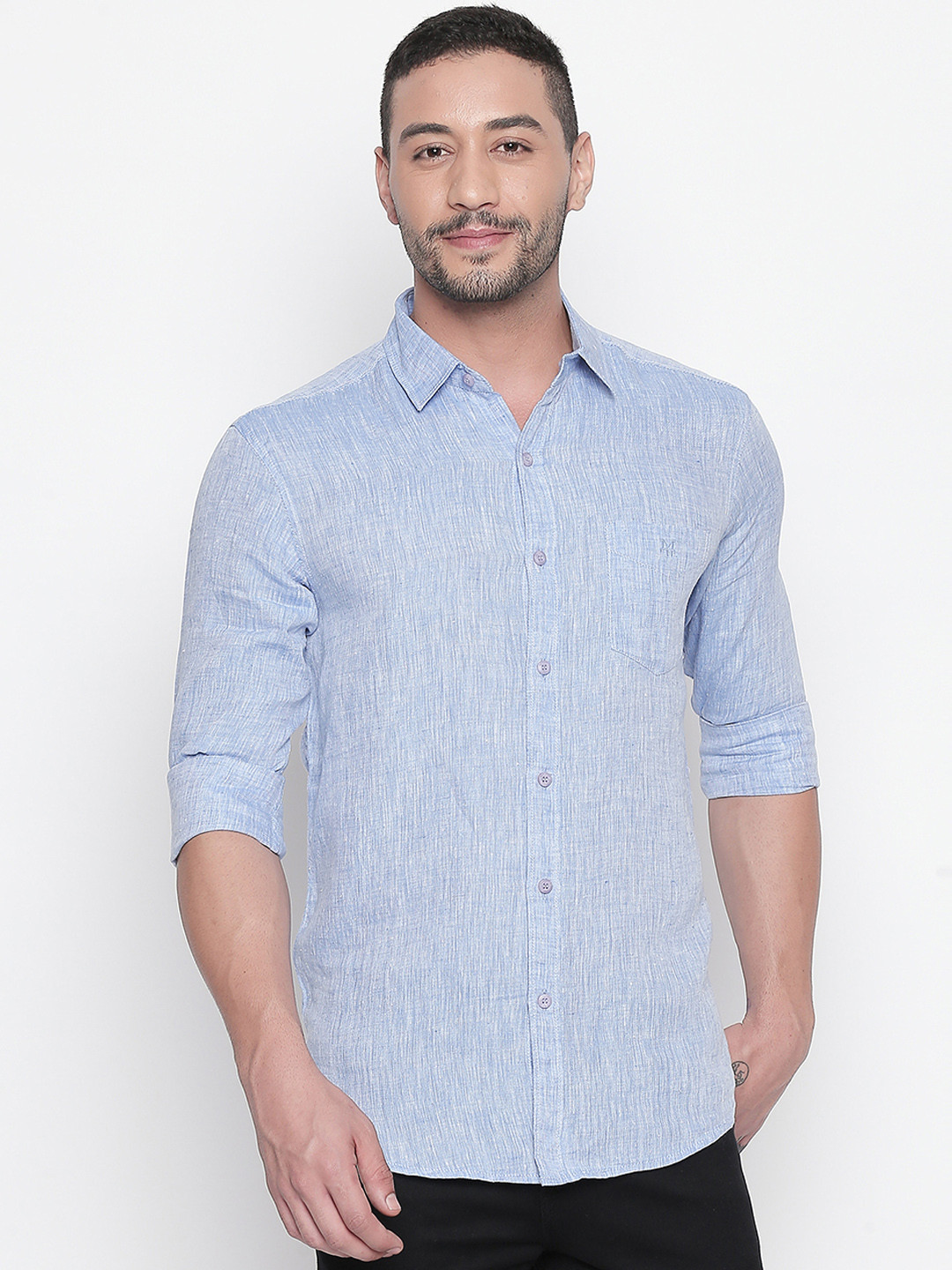 Buy Mufti Men Blue Slim Fit Solid Casual Linen Shirt - Shirts for Men ...