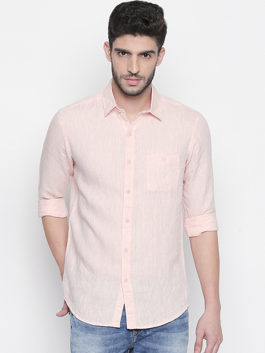 Buy Mufti Men Pink Slim Fit Solid Casual Linen Shirt - Shirts for Men ...