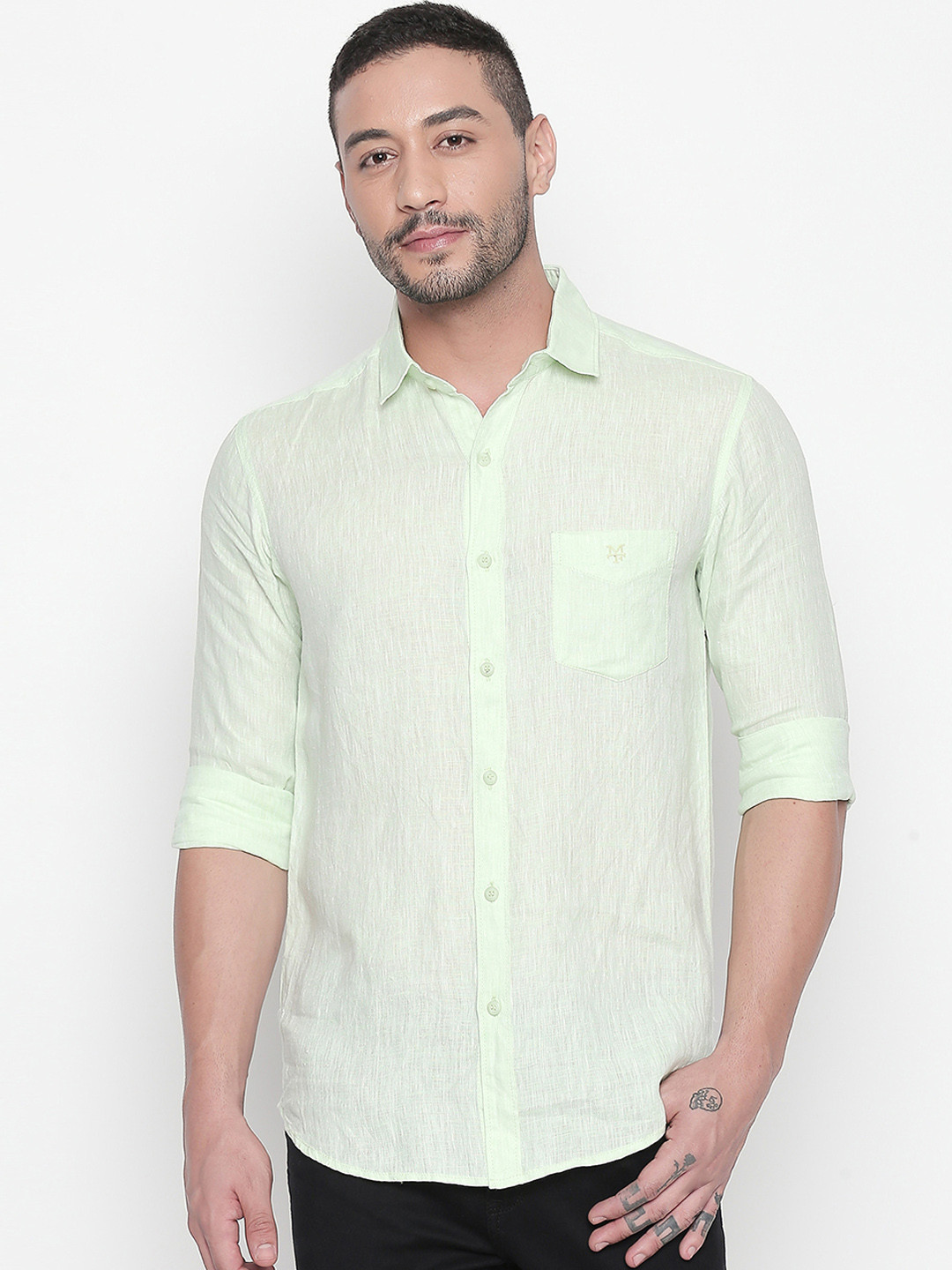 Buy Mufti Men Green Slim Fit Solid Casual Linen Shirt - Shirts for Men ...
