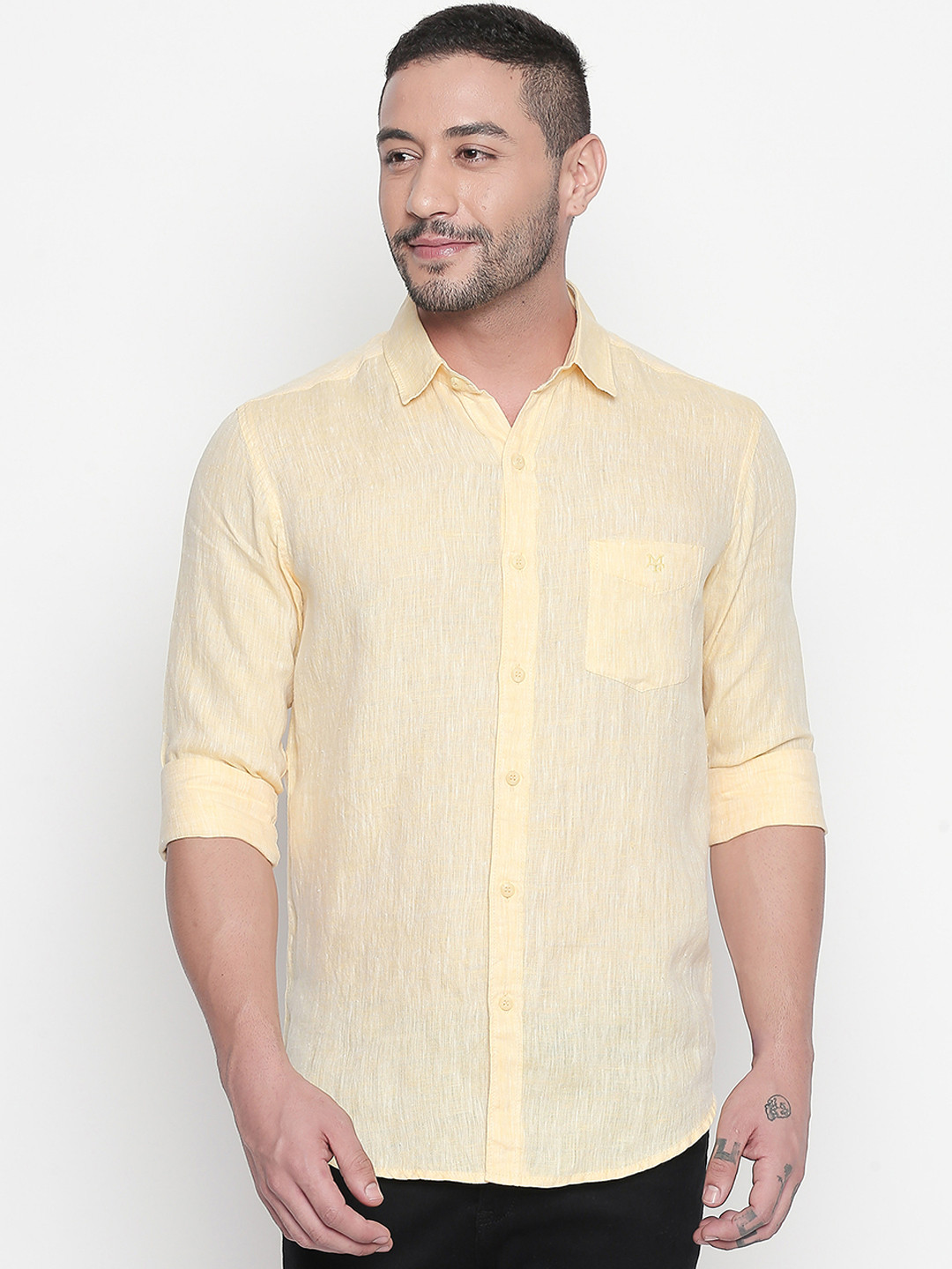 Buy Mufti Men Yellow Slim Fit Solid Casual Linen Shirt - Shirts for Men ...