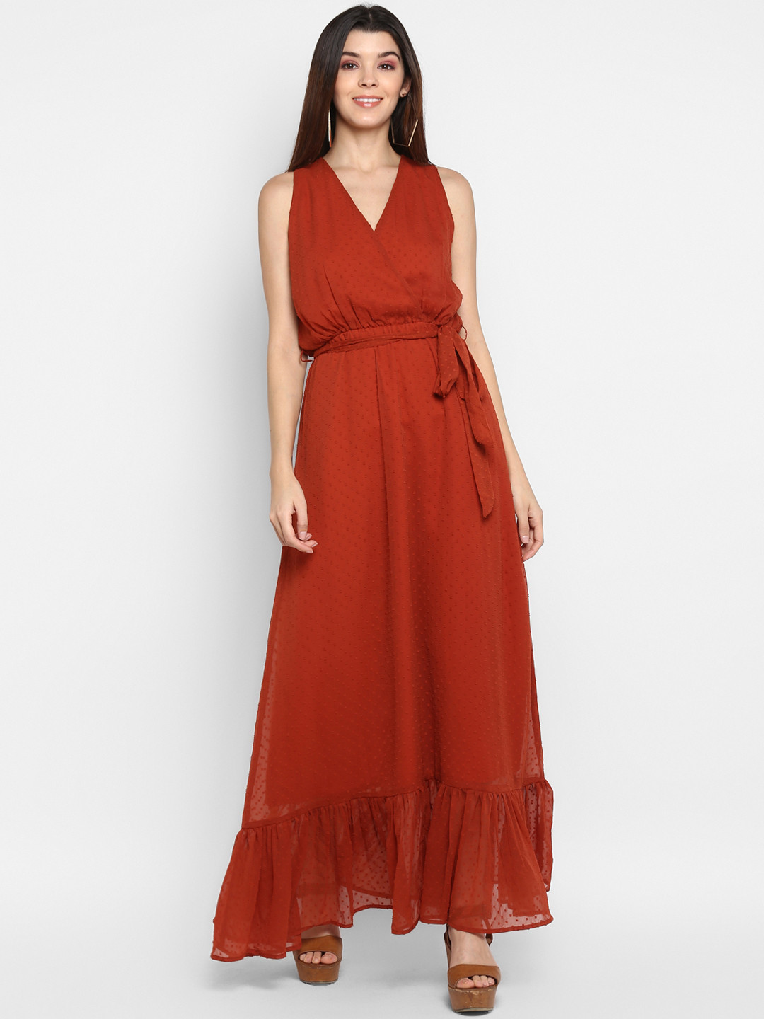 Buy MIAMINX Women Rust Brown Self Design Maxi Dress - Dresses for Women ...