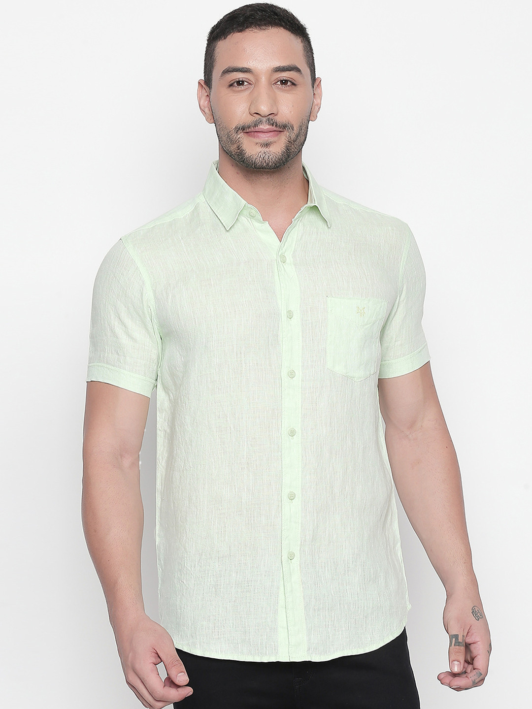 Buy Mufti Men Green Slim Fit Solid Casual Linen Shirt - Shirts for Men ...