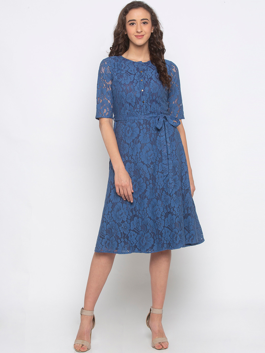 Buy Iti Women Blue Self Design Fit And Flare Dress - Dresses for Women ...