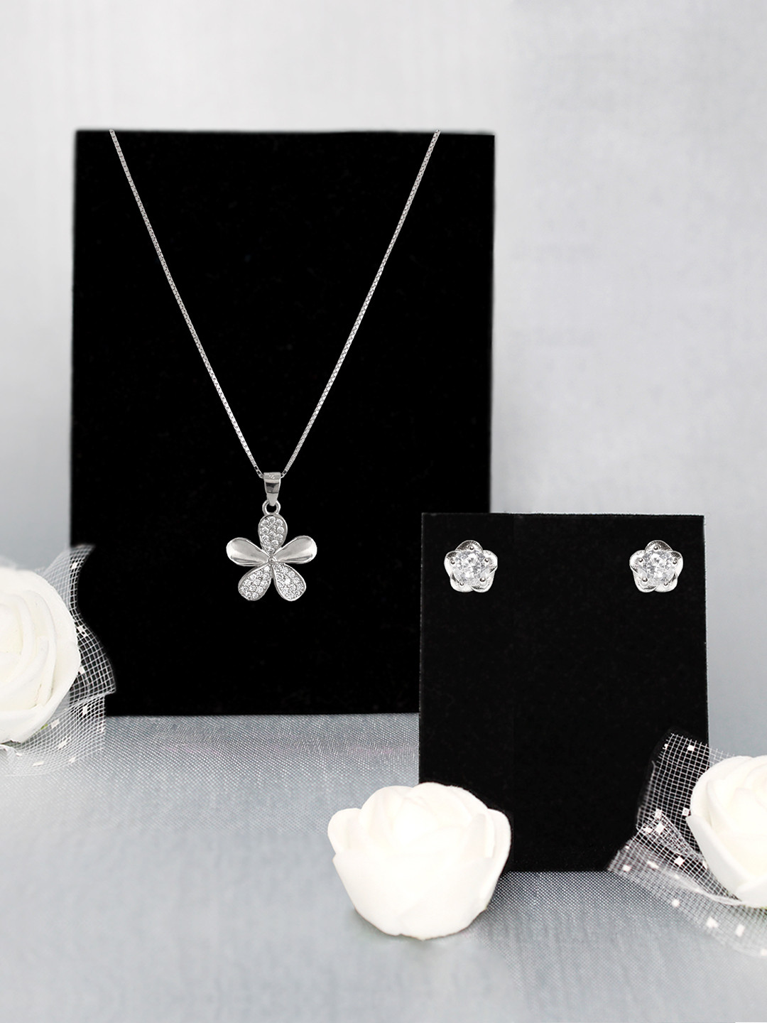 Buy GIVA Rhodium Plated Sterling Silver Flower Set With 925 Stamp ...