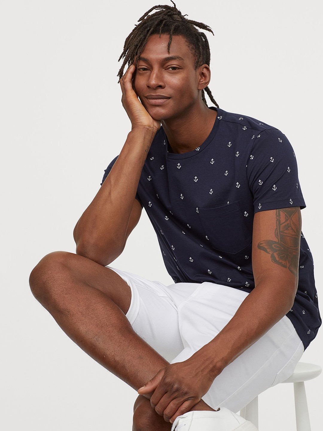 Buy Hm Men Navy Blue White Printed Cotton Pure Cotton T Shirt Tshirts