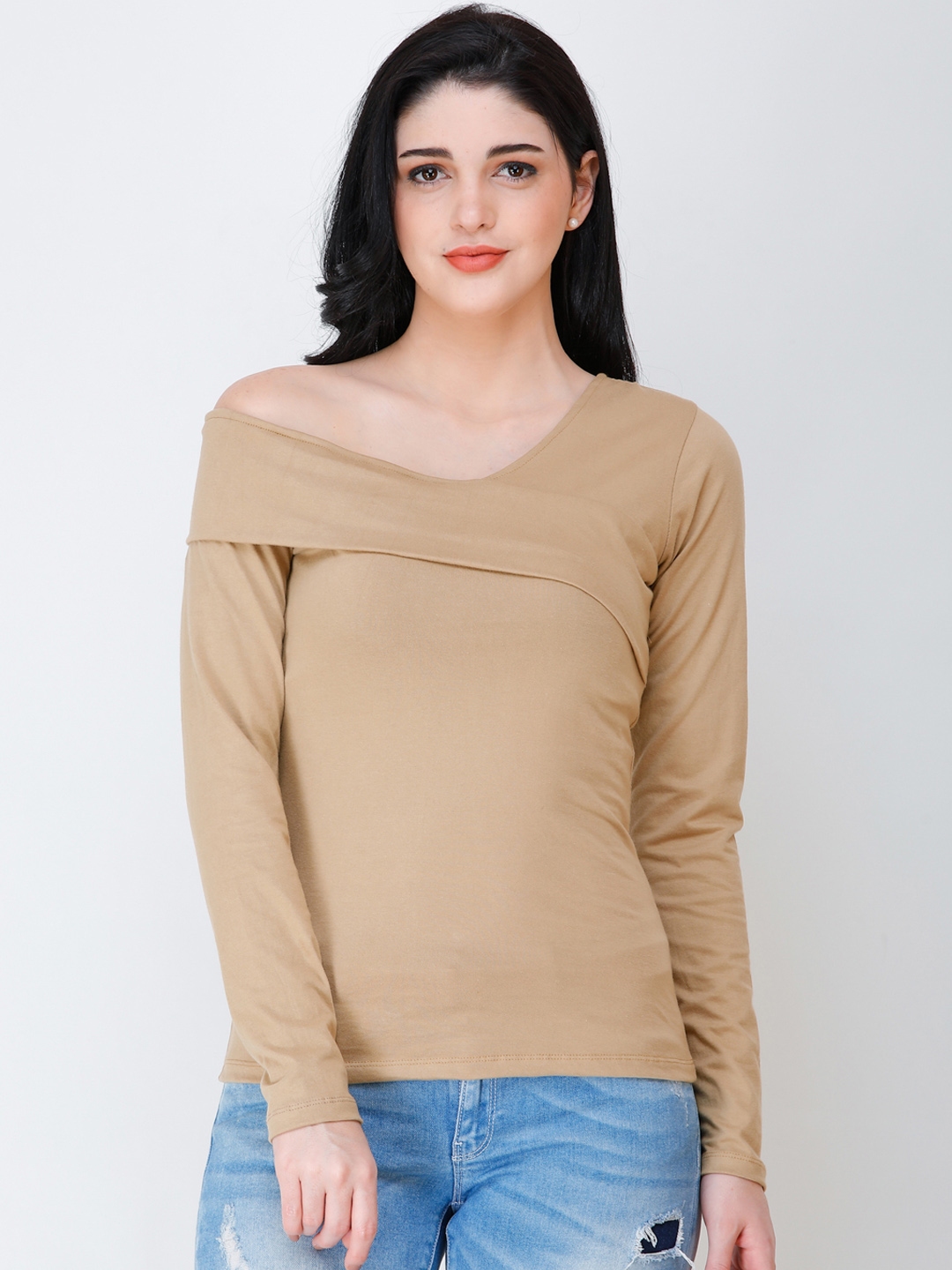 Buy Scorpius Women Beige Solid One Shoulder Top Tops For Women