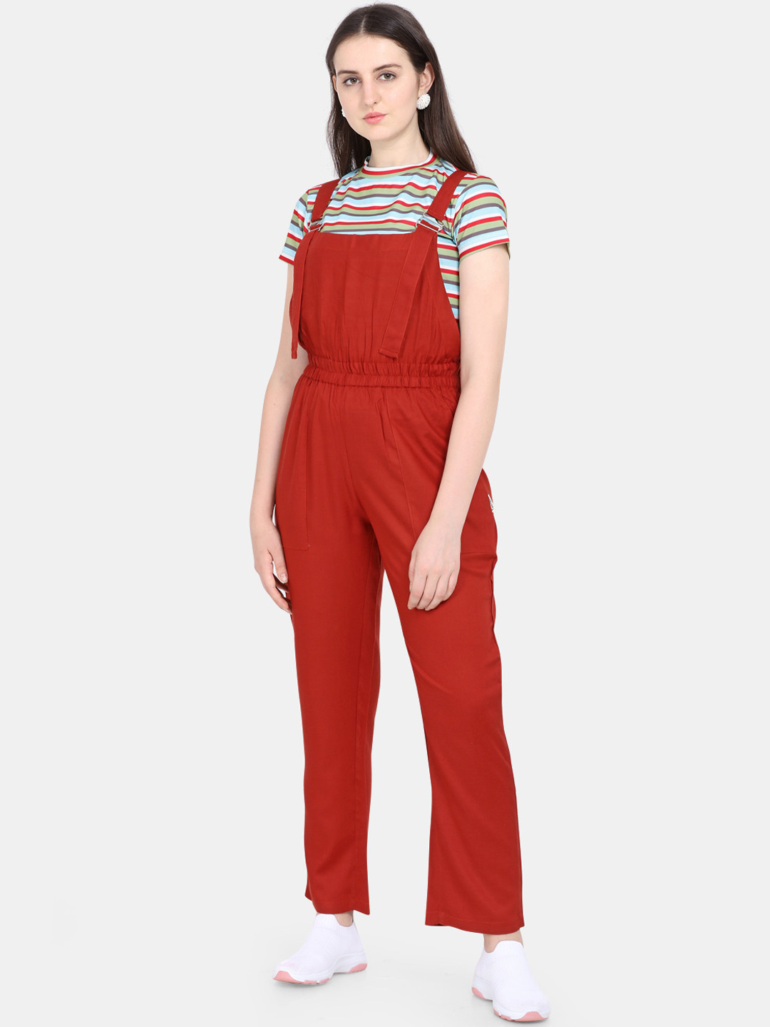 Buy Yuvraah Women Red Solid Dungarees With Striped T Shirt - Co Ords ...