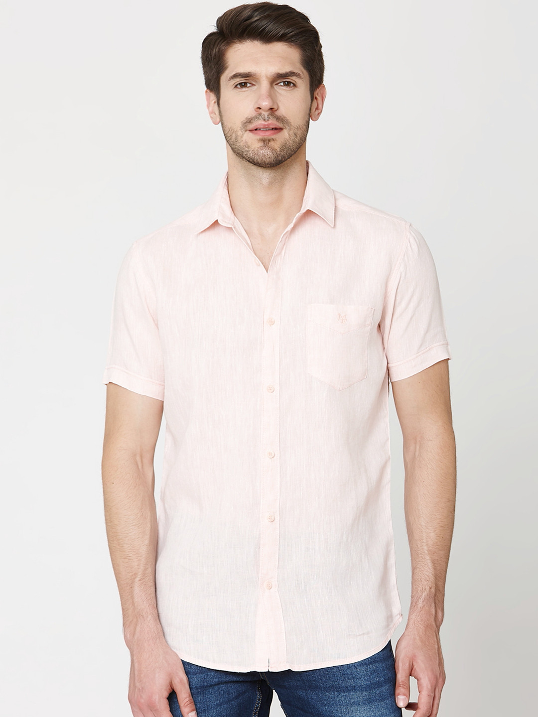 Buy Mufti Men Peach Slim Fit Solid Casual Linen Shirt - Shirts for Men ...