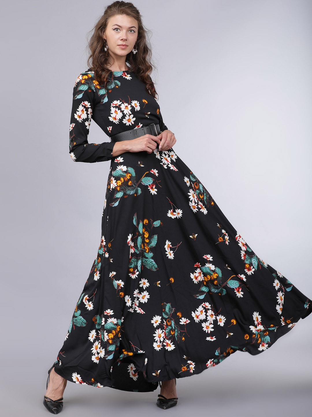 Buy Mumbai Slang Chic Women Black Floral Printed Maxi Dress - Dresses ...