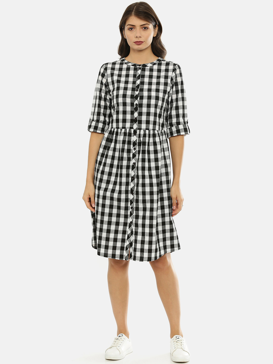 Buy IDK Women Black & White Checked Fit And Flare Dress - Dresses for ...