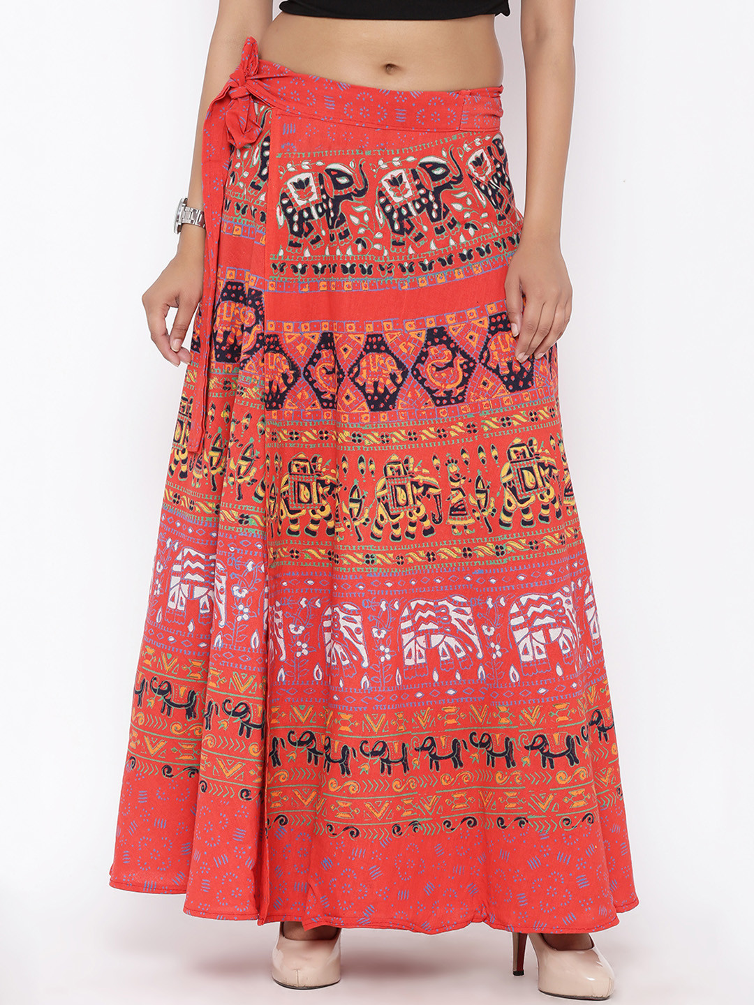 Buy SOUNDARYA Women Orange & Yellow Printed Flared Wrap Around Maxi ...
