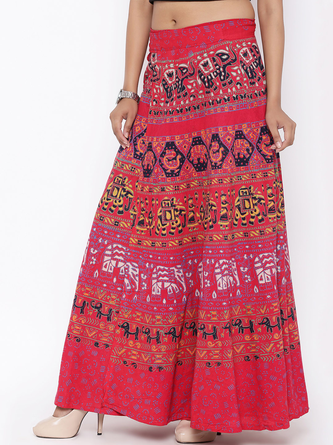 Buy SOUNDARYA Women Red & Yellow Printed Flared Wrap Around Maxi Skirt ...