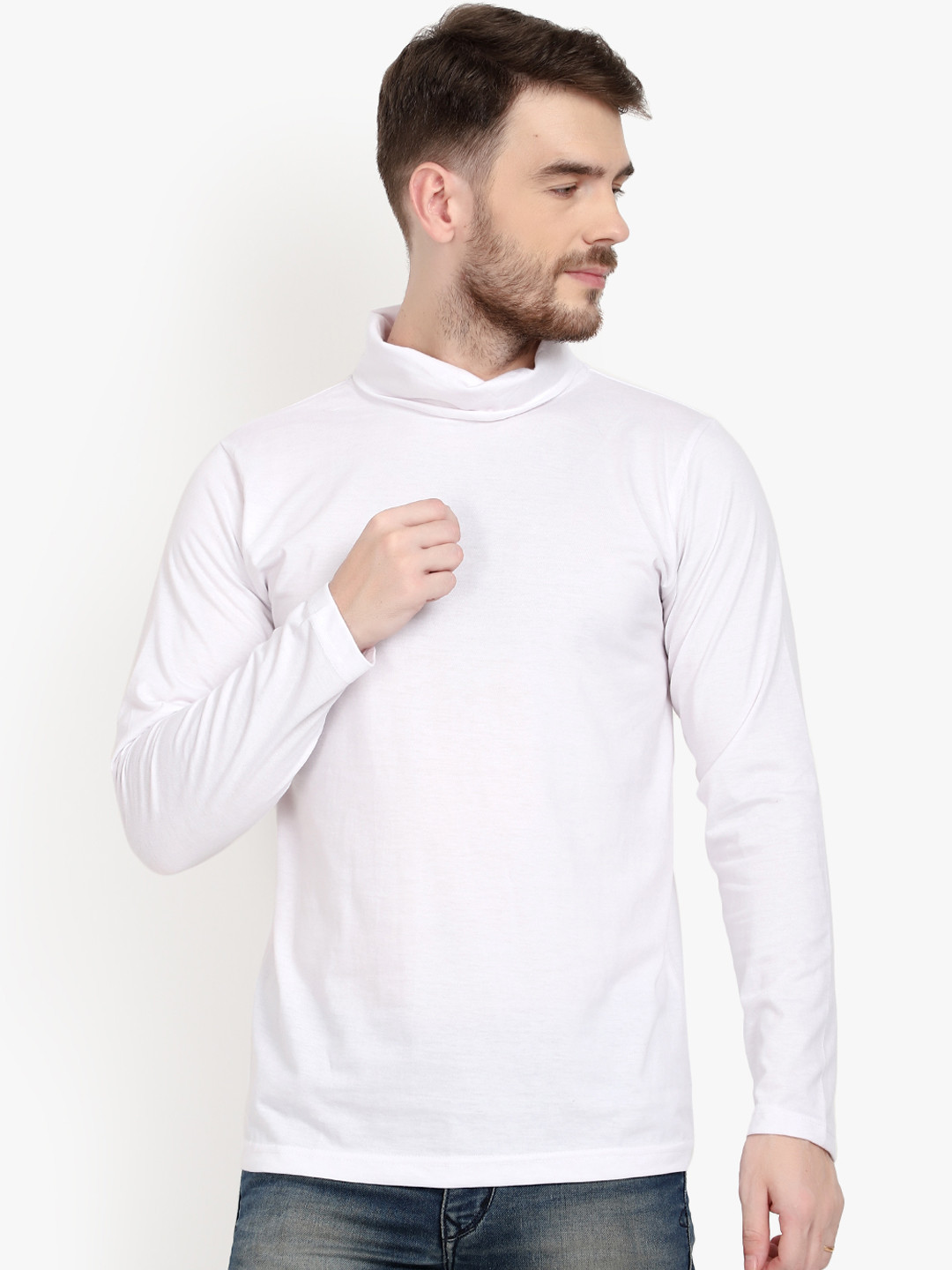 Buy PAUSE SPORT Men White Solid Turtle Neck Pure Cotton T Shirt ...