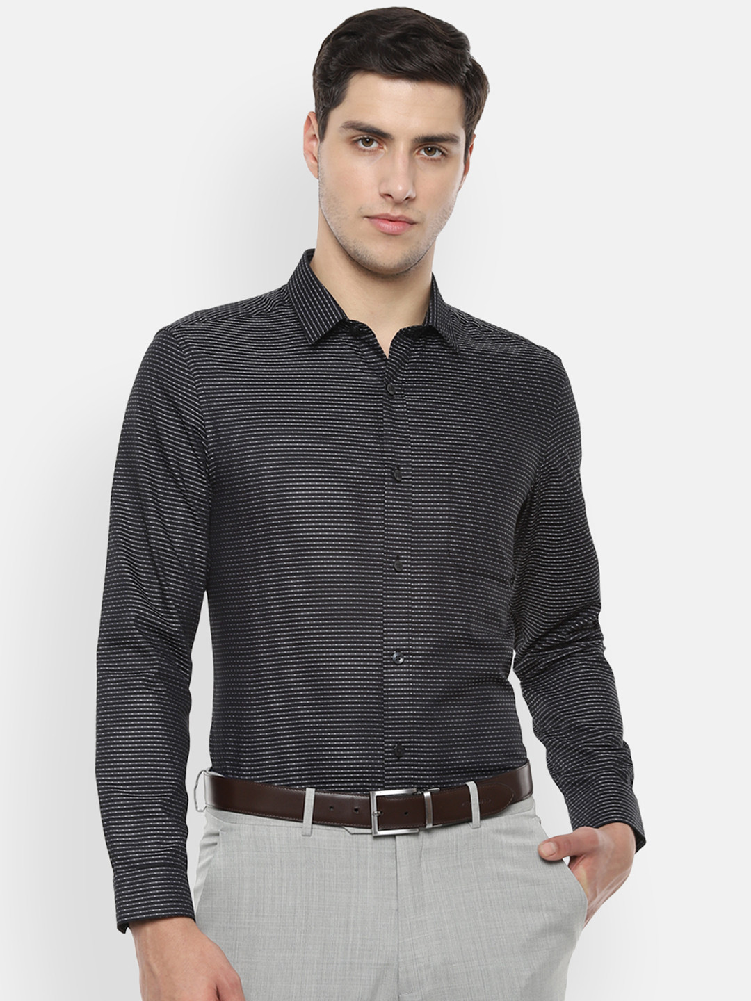 Buy Louis Philippe Men Black & Off White Slim Fit Striped Formal Shirt ...