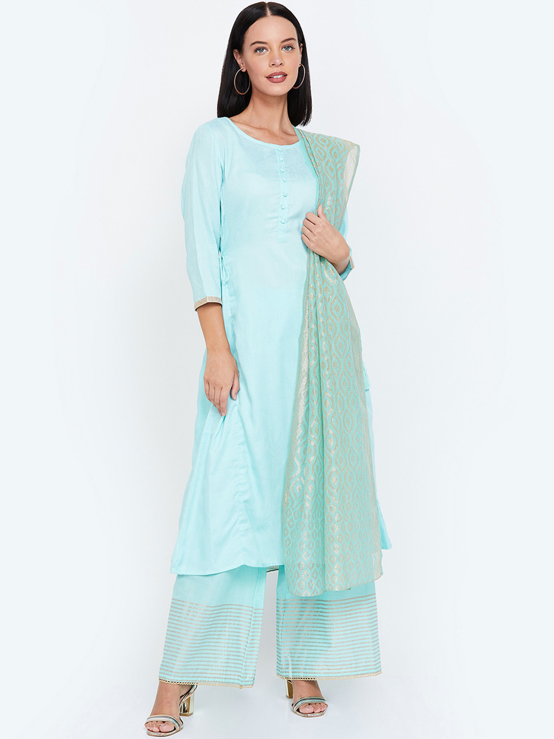 Buy Melange By Lifestyle Women Turquoise Blue Solid Kurta With Pyjamas ...