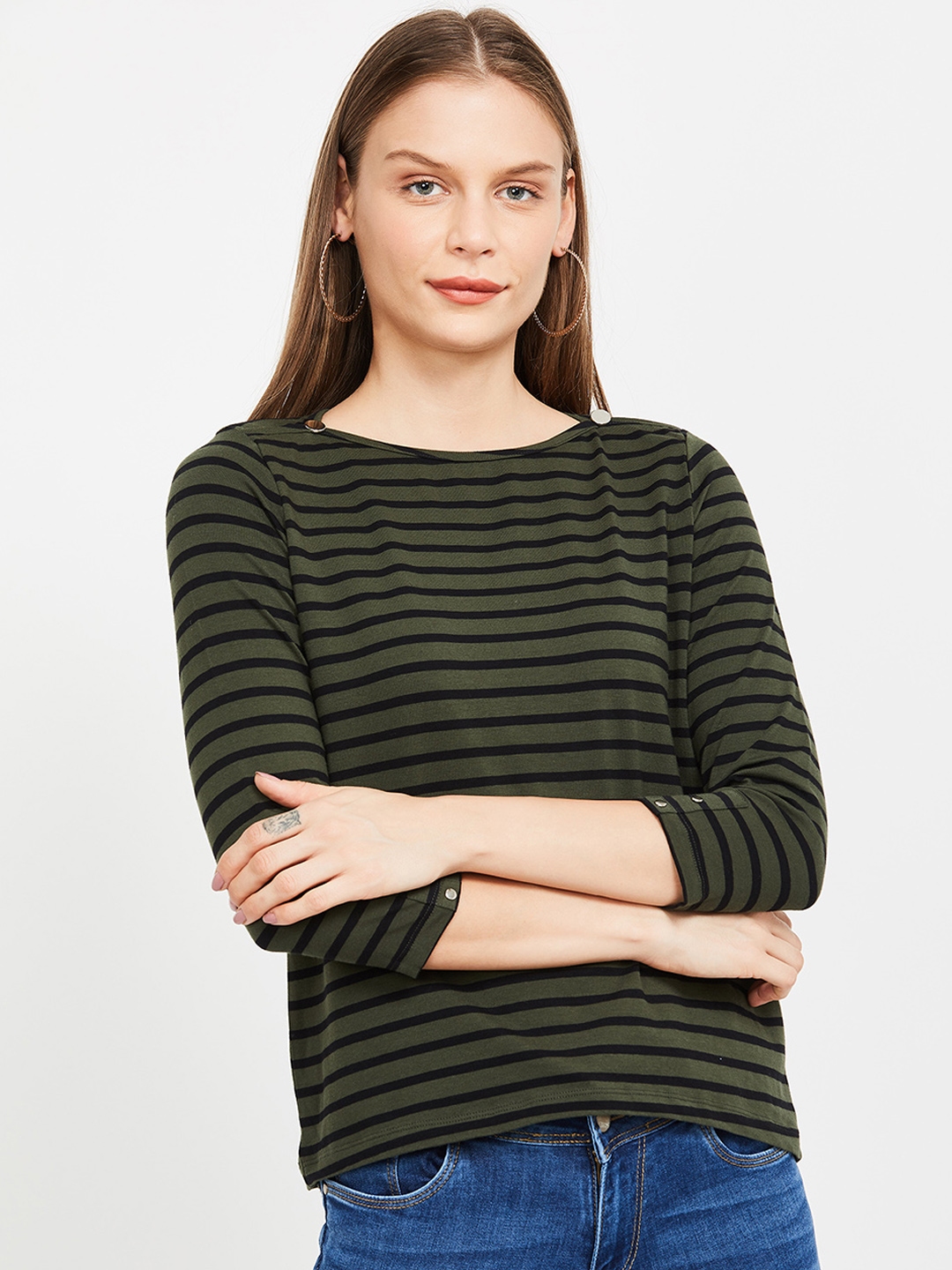 Buy Bossini Women Olive Green Striped Top Tops For Women 12129782