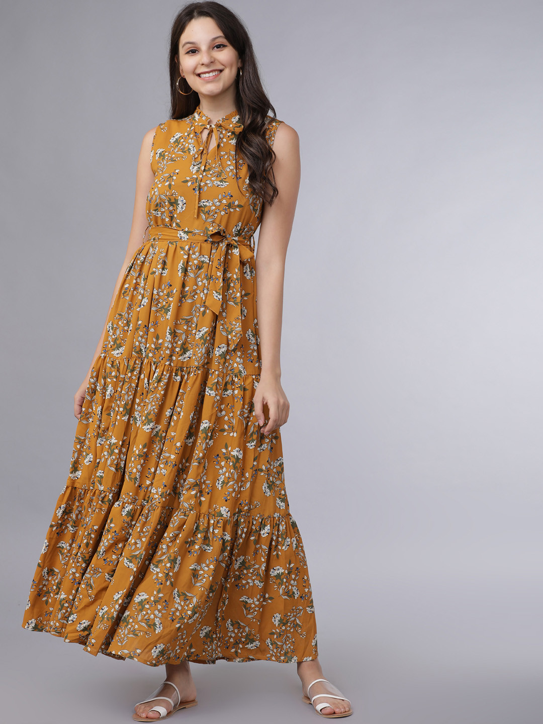 Buy Mumbai Slang Chic Women Mustard Yellow & Off White Printed Maxi ...