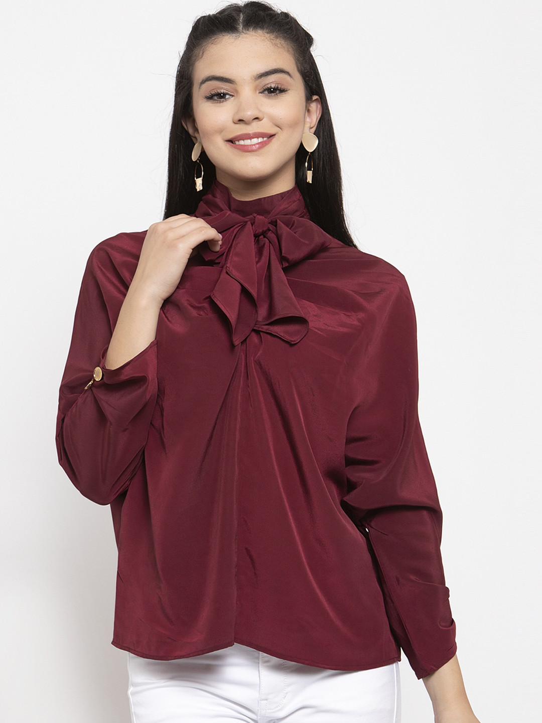 Buy KASSUALLY Women Maroon Solid Top With Tie Up Neck - Tops for Women ...