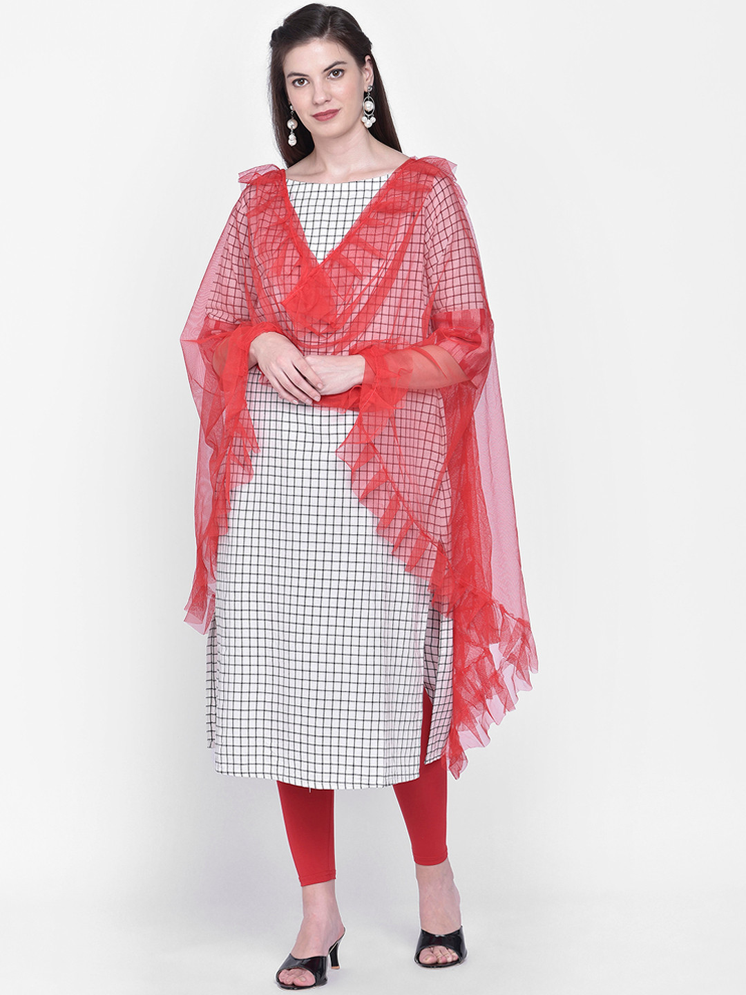 Buy Dupatta Bazaar Red Solid Net Ruffle Design Dupatta - Dupatta for ...
