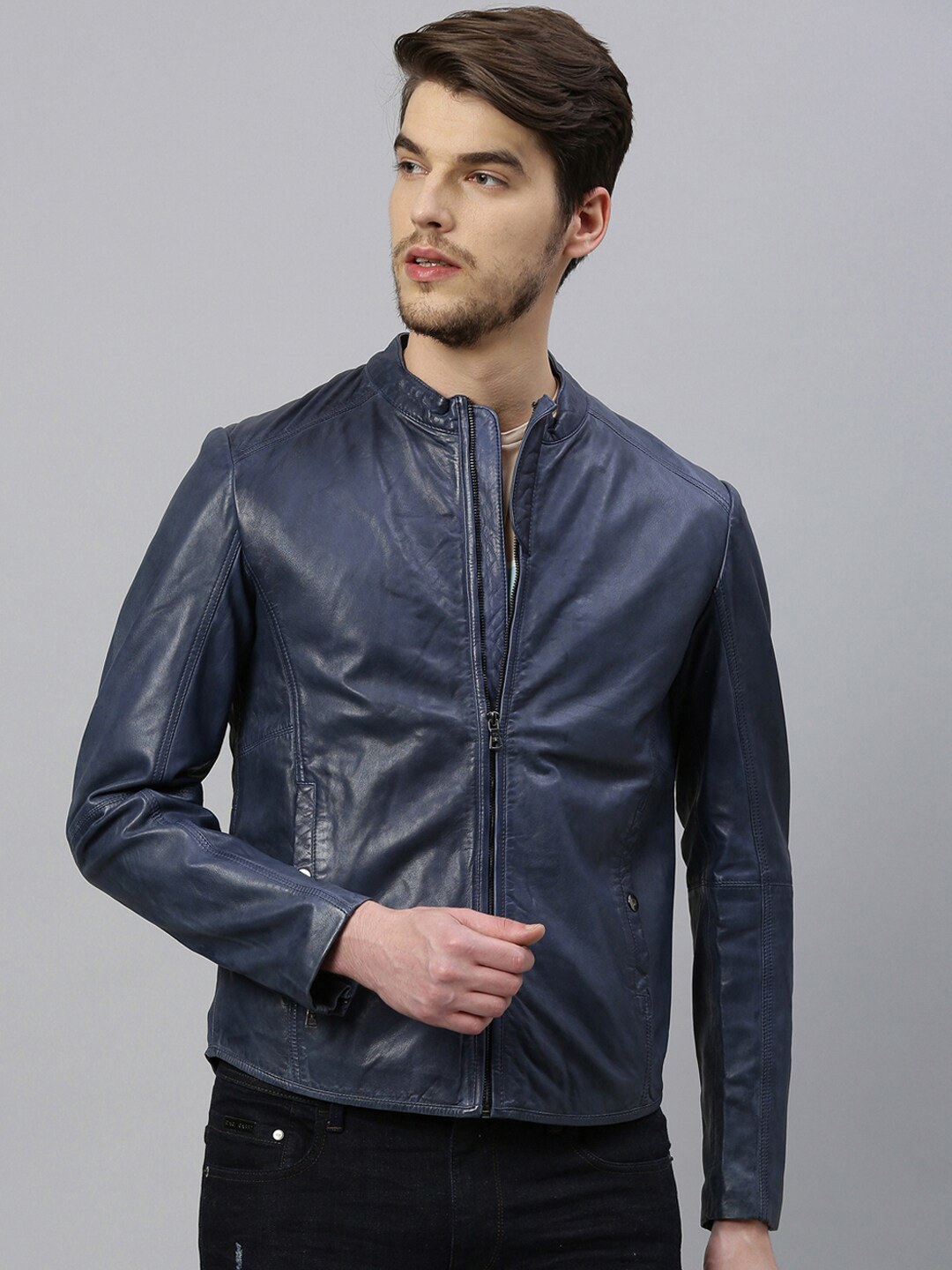 Buy RARE RABBIT Men Navy Blue Solid Leather Insulator Biker Jacket ...