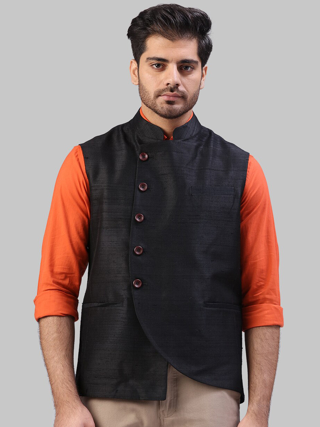 Buy Raymond Men Black Solid Woven Pure Silk Asymmetric Nehru Jacket ...