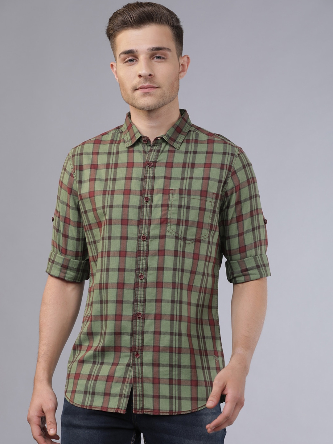 Buy Locomotive Men Green And Maroon Slim Fit Checked Casual Shirt