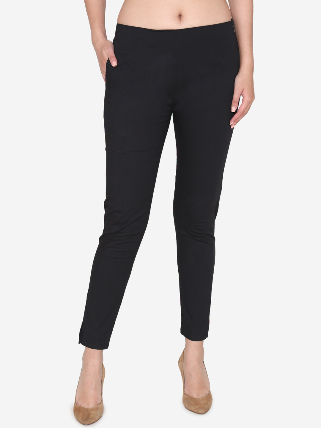 Buy Vami Women Black Solid Cigarette Trousers - Trousers for Women ...