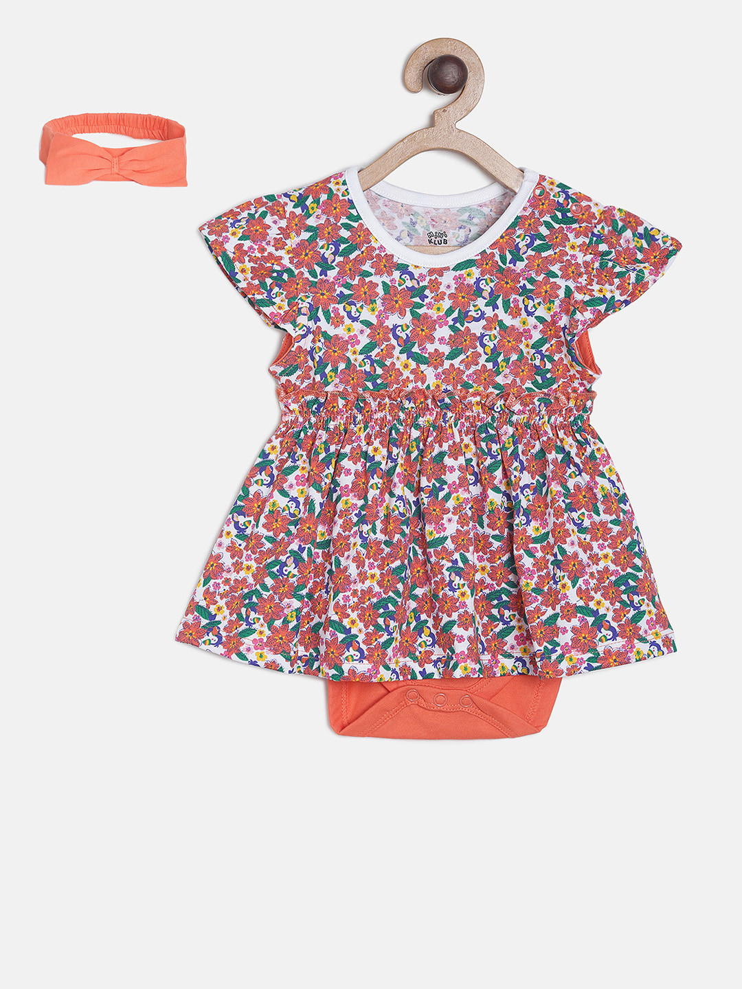 Buy MINI KLUB Girls White & Orange Printed Bodysuit With Headband ...