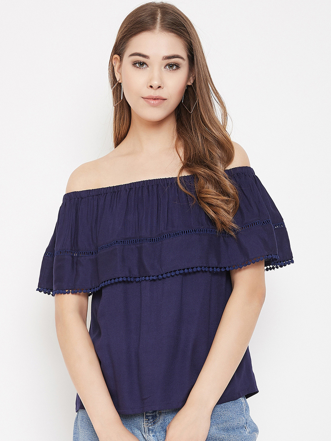 Buy LUCERO Women Navy Blue Solid Bardot Top - Tops for Women 12191818 ...