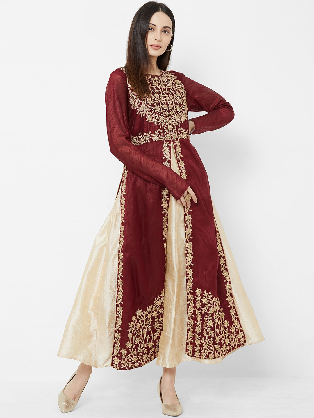 Buy Vedic Women Maroon & Gold Embroidered Maxi Dress - Dresses for ...