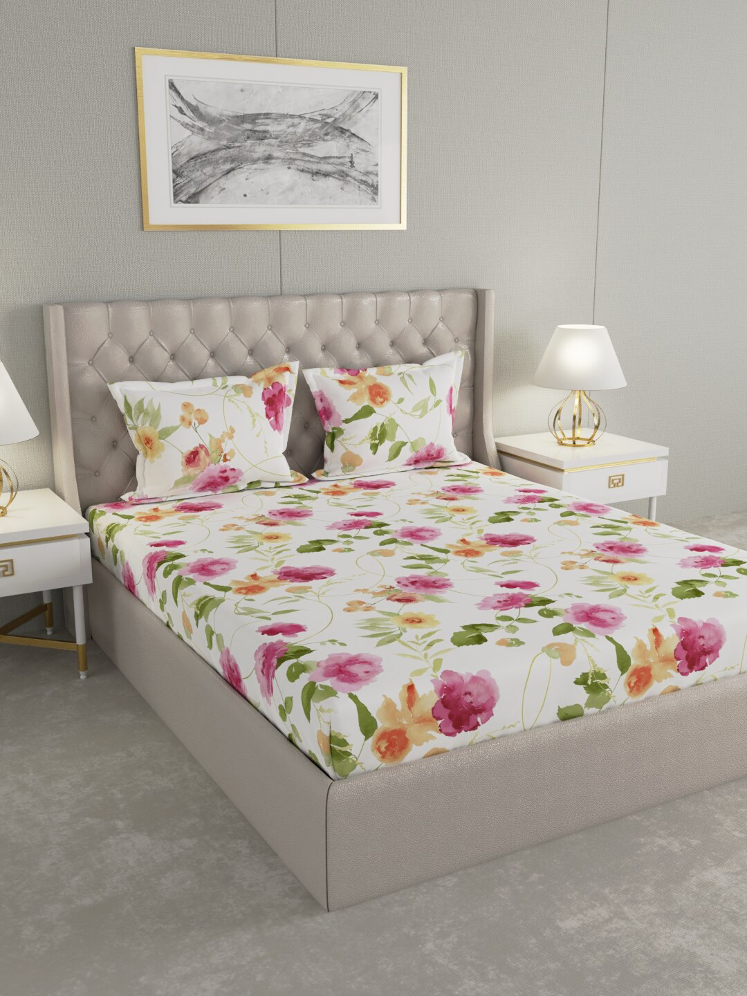Buy Raymond Home White Floral 144 TC Cotton 1 King Bedsheet With 2 ...