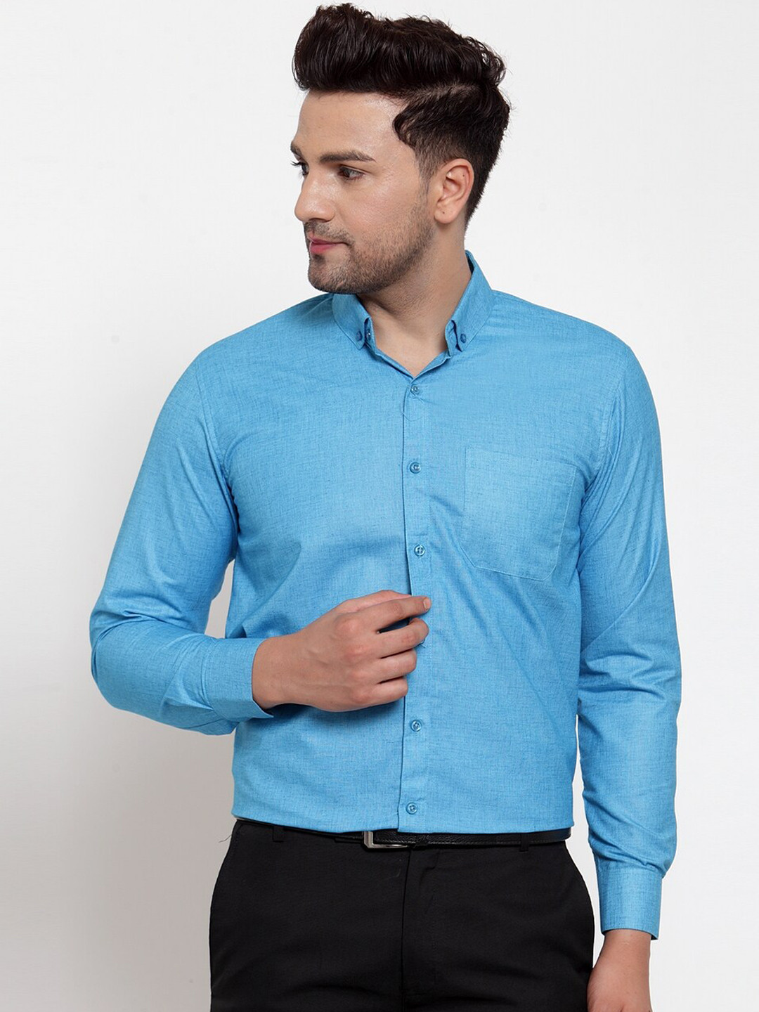 Buy JAINISH Men Turquoise Blue Classic Regular Fit Solid Formal Shirt ...