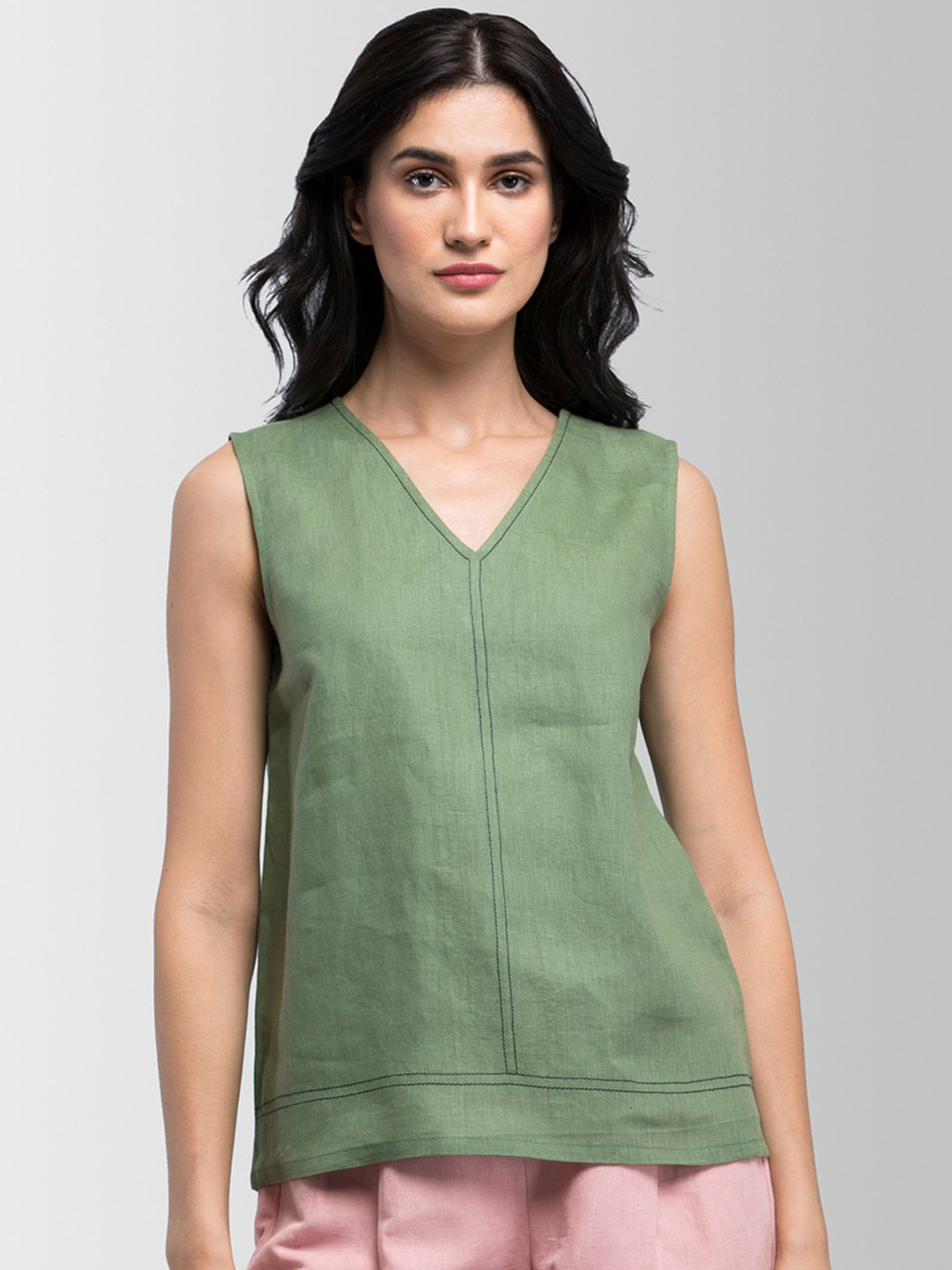 Buy FableStreet Women Olive Green Solid Linen Top - Tops for Women ...