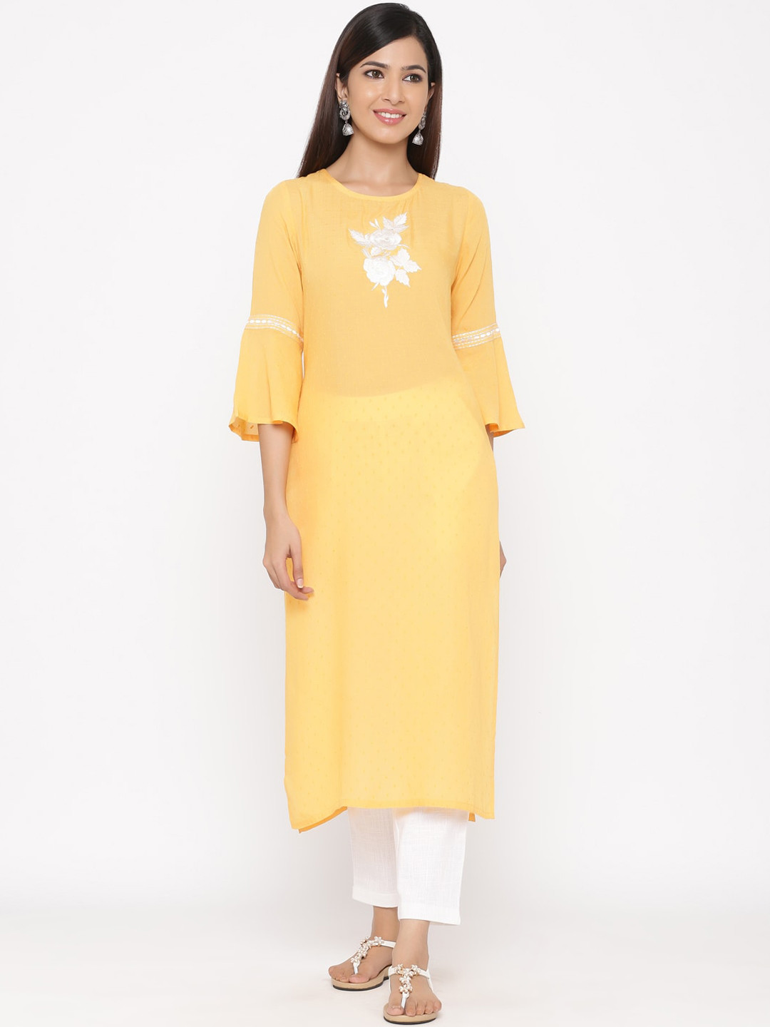Buy Jaipur Kurti Women Yellow Yoke Design Straight Kurta - Kurtas for ...