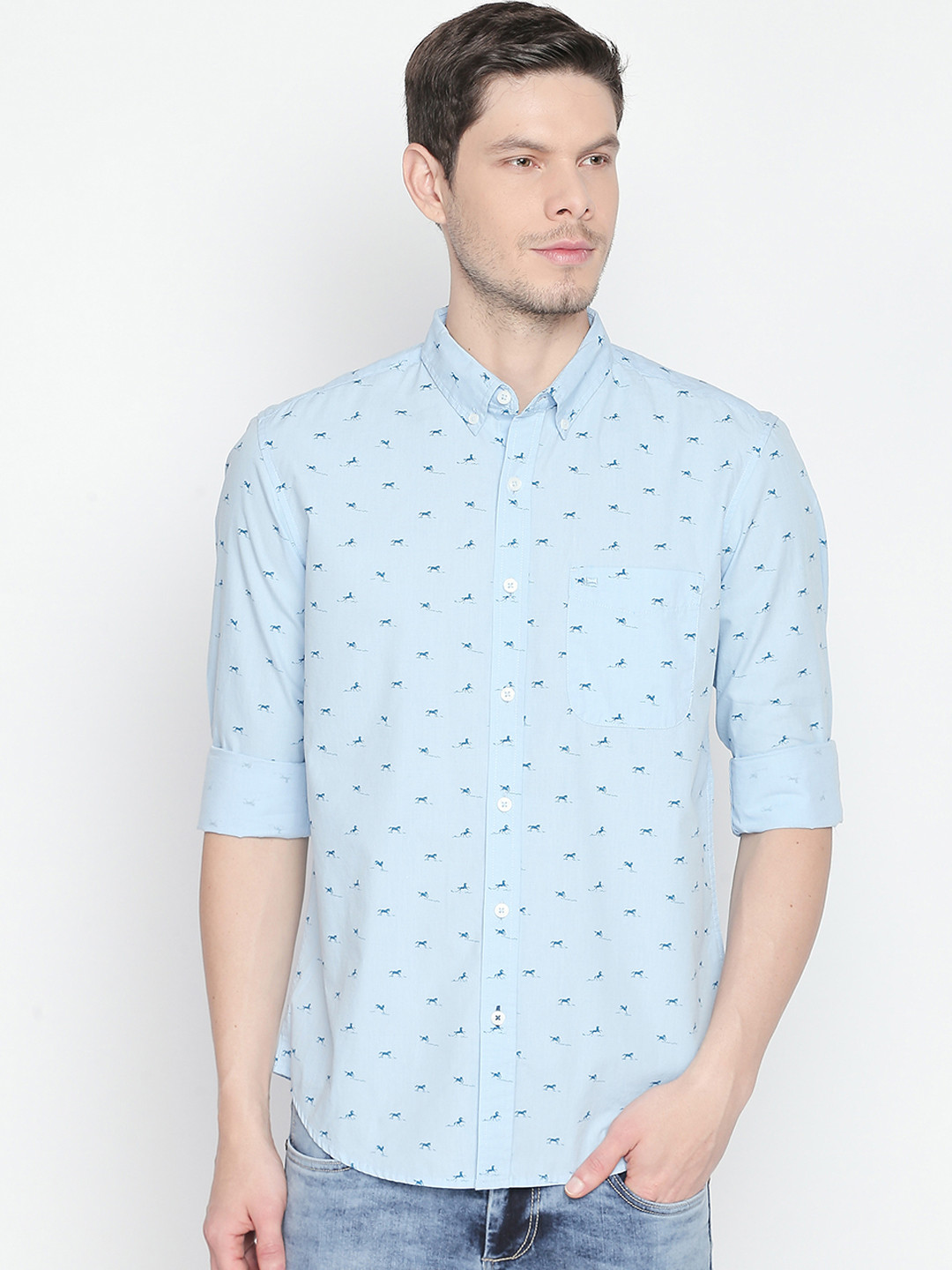 Buy Basics Men Blue Slim Fit Printed Casual Shirt - Shirts for Men ...