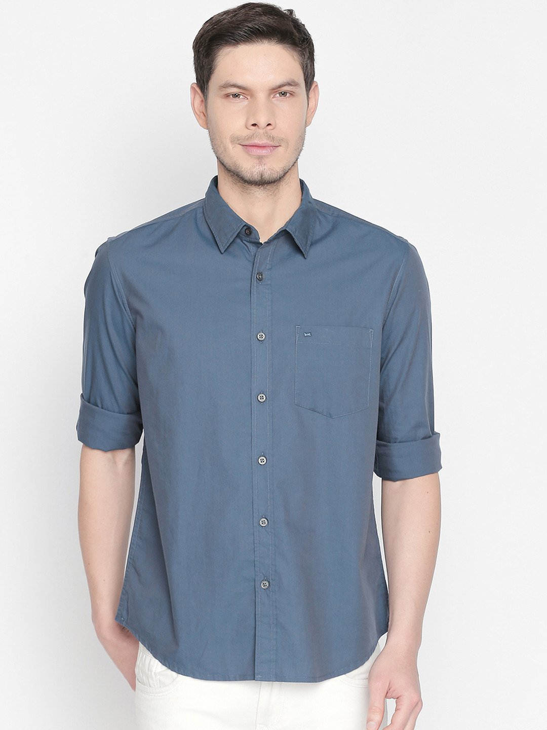 Buy Basics Men Blue Slim Fit Solid Casual Shirt - Shirts for Men ...