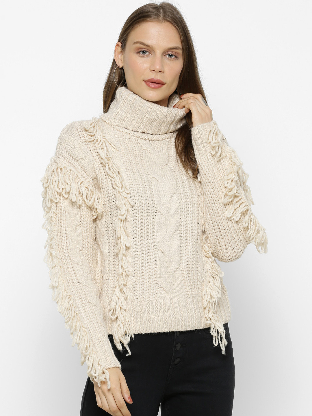 Buy FOREVER 21 Women Beige Self Design Pullover Sweater - Sweaters for ...