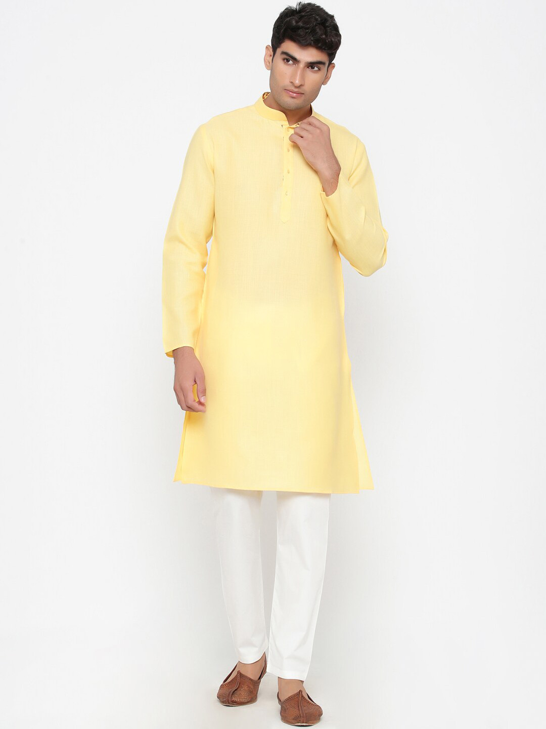 Buy Tistabene Men Yellow & White Solid Kurta With Pyjamas Set - Kurta ...