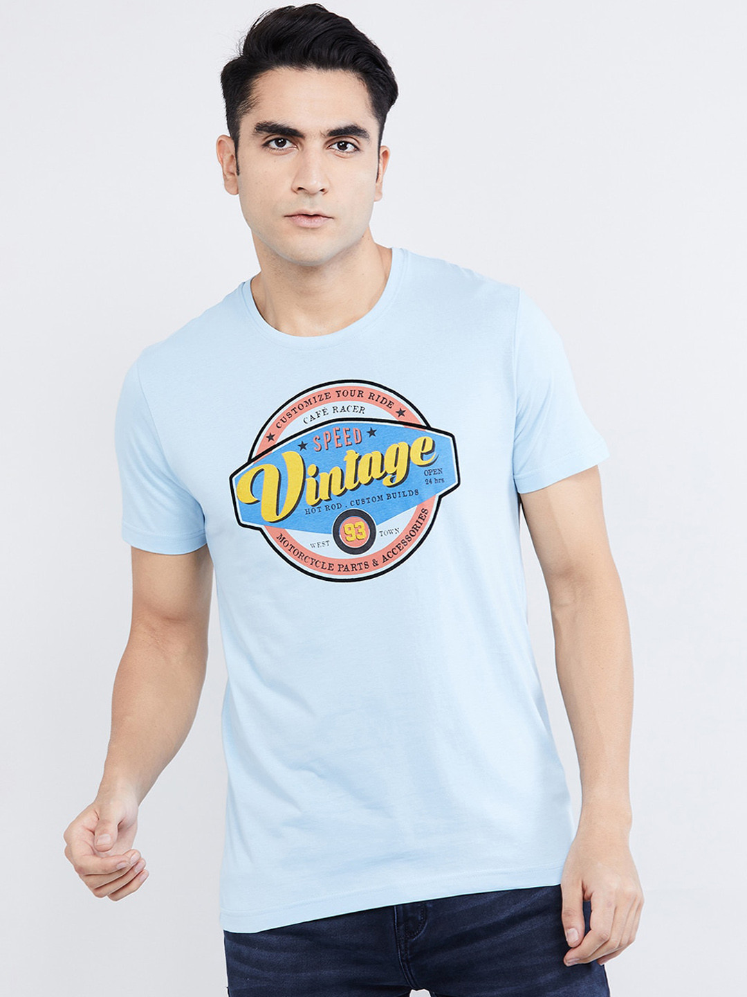 Buy Max Men Blue Printed Round Neck Pure Cotton T Shirt - Tshirts for ...