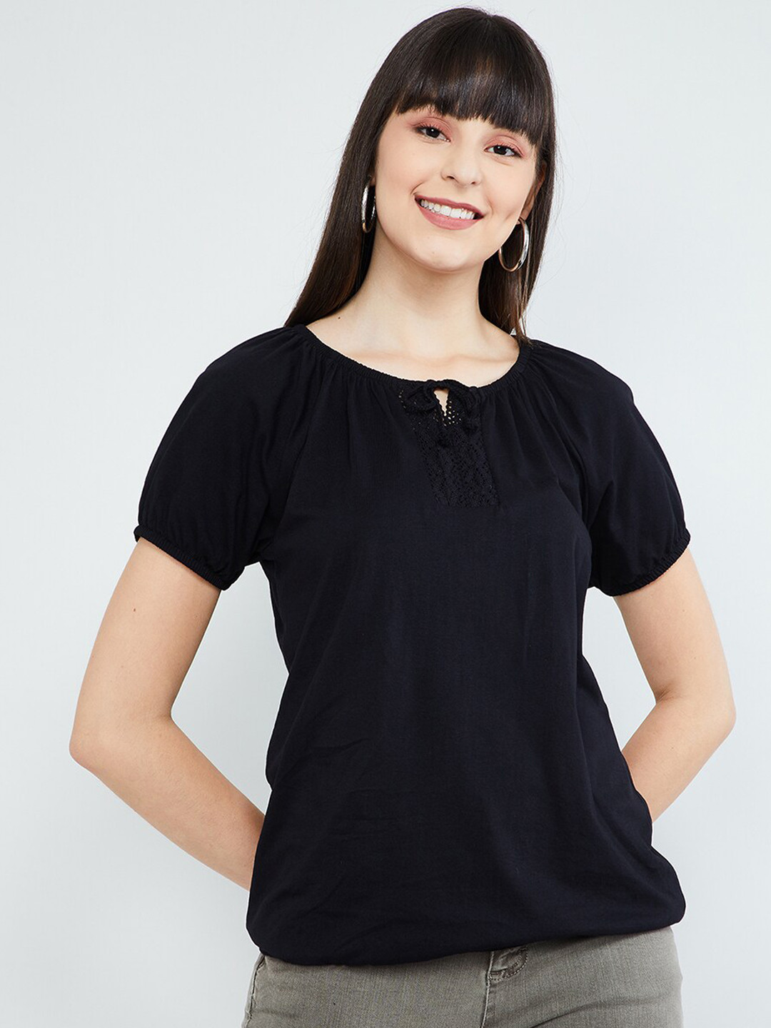 Buy Max Women Black Solid Blouson Pure Cotton Top - Tops for Women ...