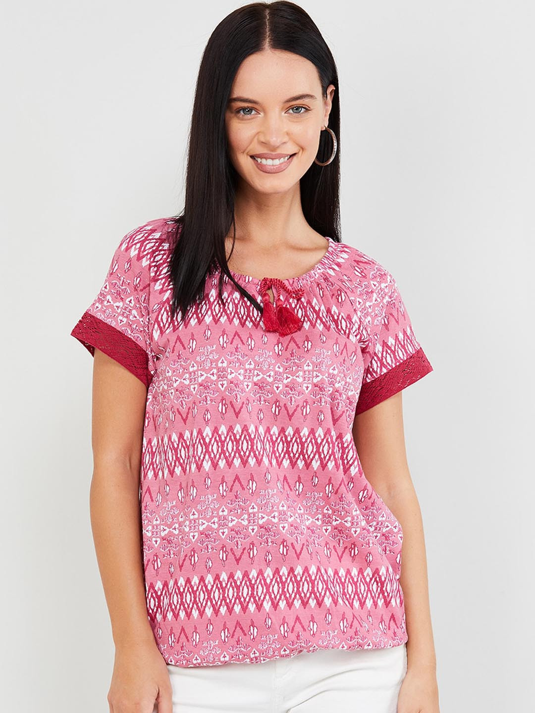 Buy Max Women Pink Printed Blouson Pure Cotton Top - Tops for Women ...